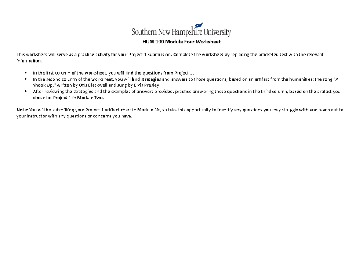 HUM 100 Module Four Worksheet - HUM 100 Module Four Worksheet This ...