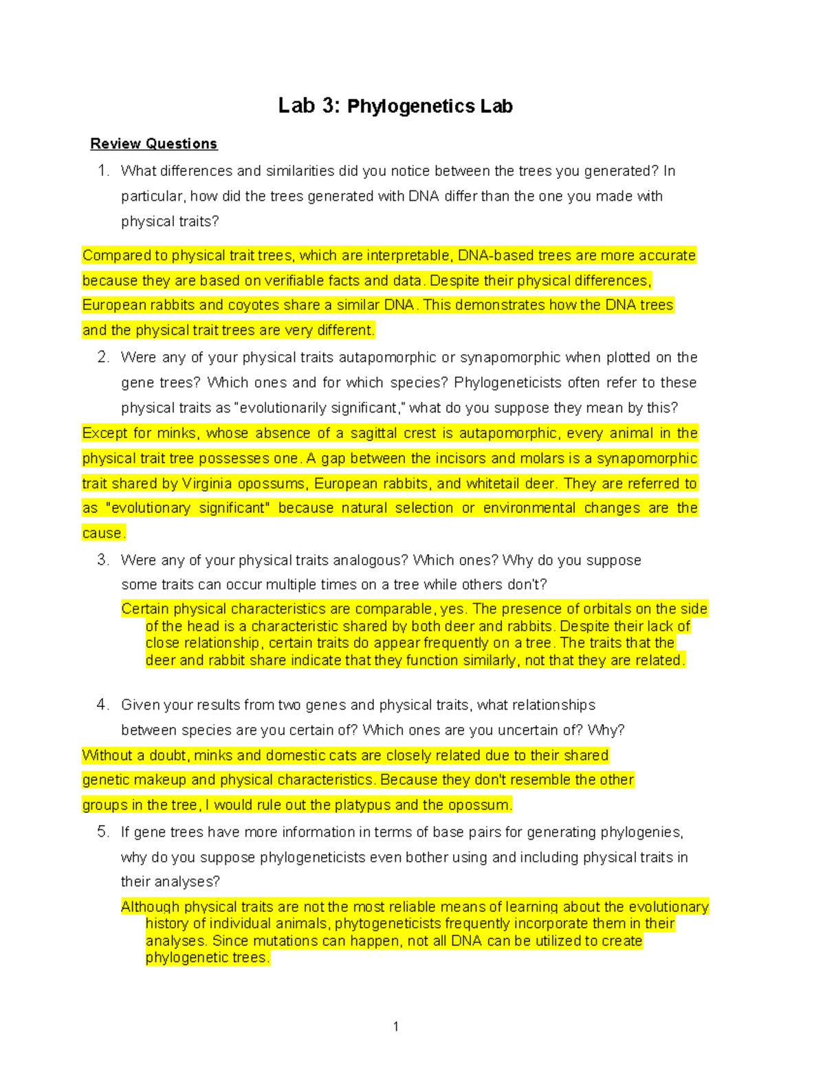 Assignment 3- Phylogenetics - Lab 3: Phylogenetics Lab Review Questions ...