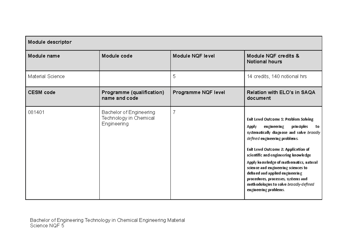 Material Science 2020 Module Descriptor Curriculum - Module descriptor ...
