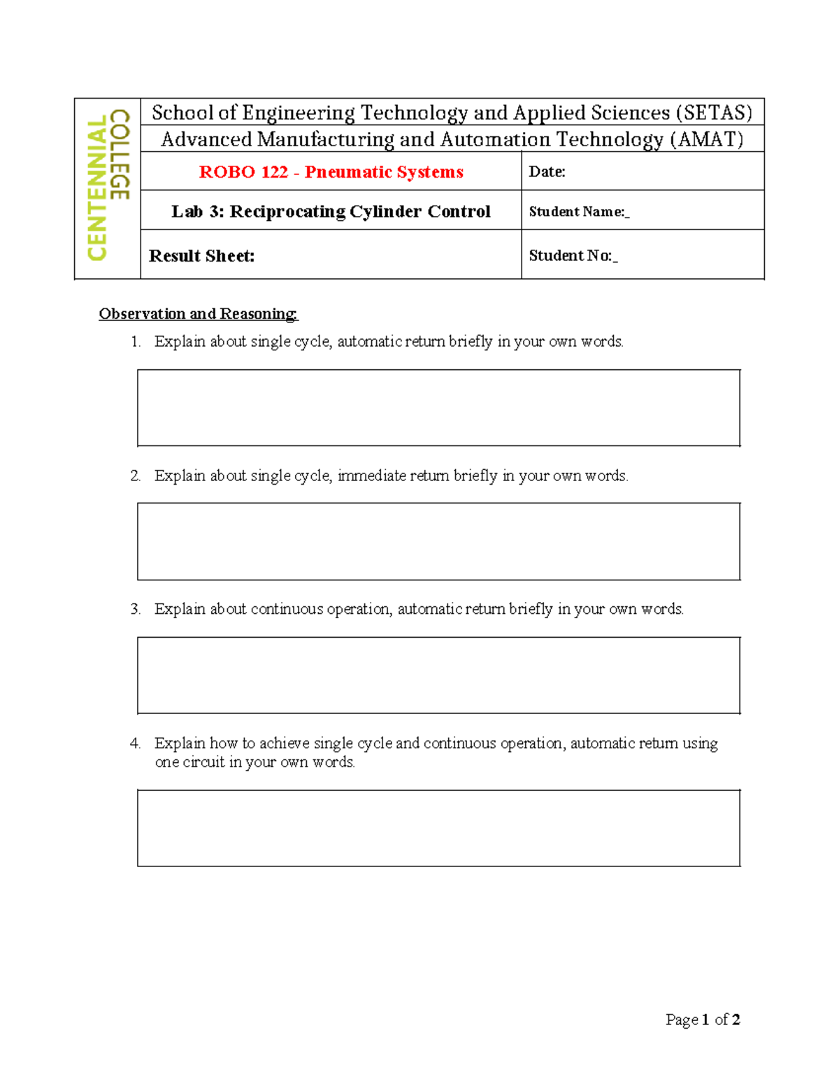 ROBO122 Lab 3 - Reciprocating Cylinder Control Result Sheet ...