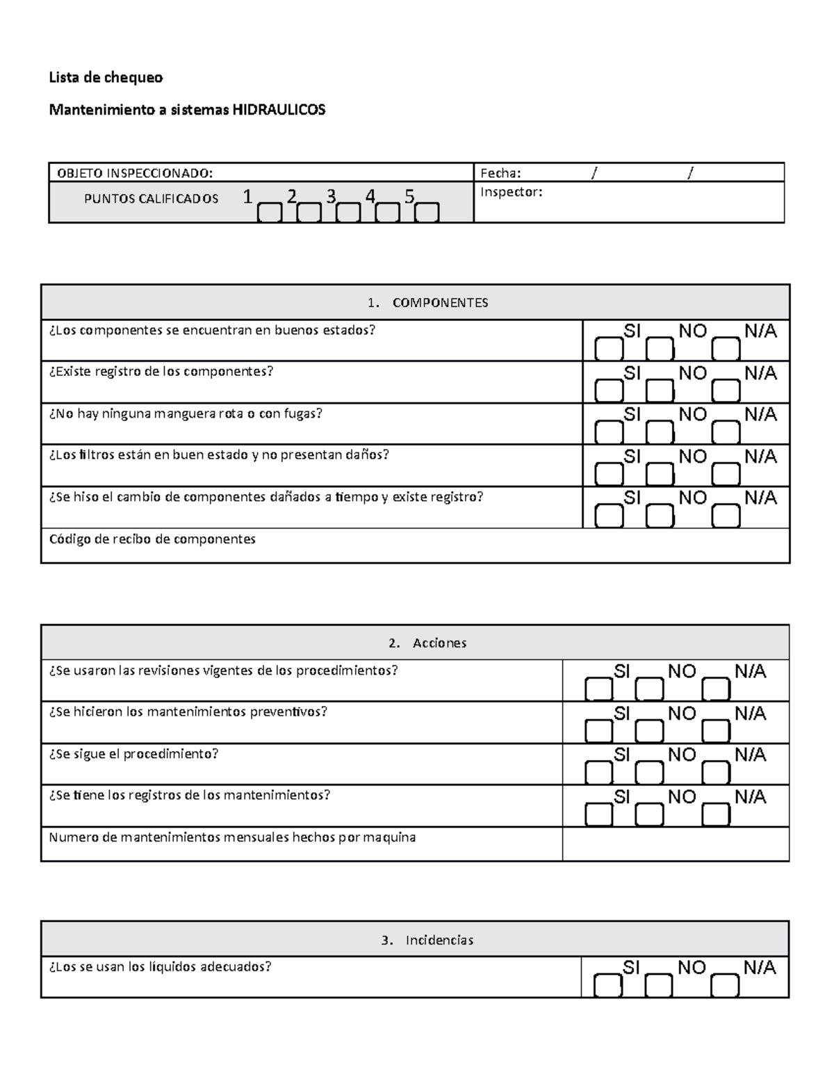 Checklist sistemas hidraulico - Lista de chequeo Mantenimiento a ...