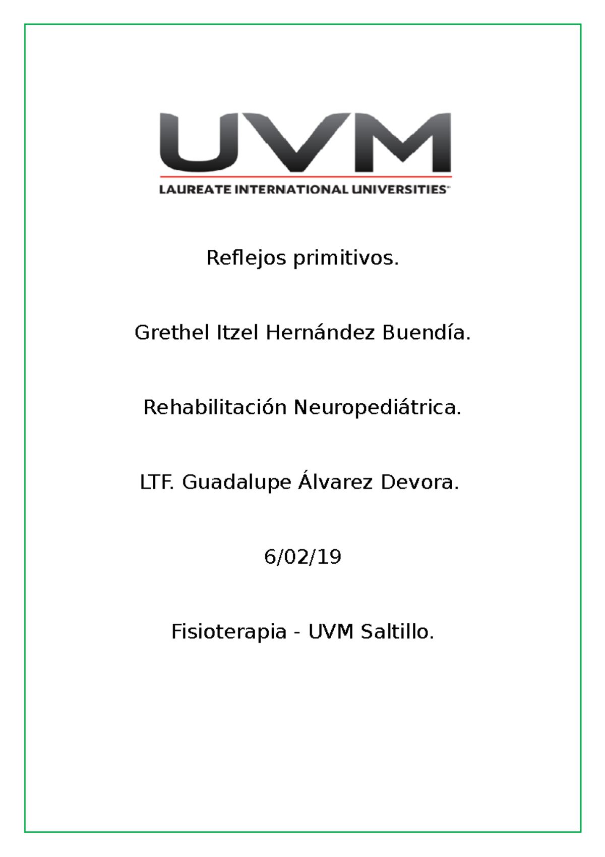 Reflejos primitivos - Grethel Itzel Hernández Buendía. Rehabilitación ...