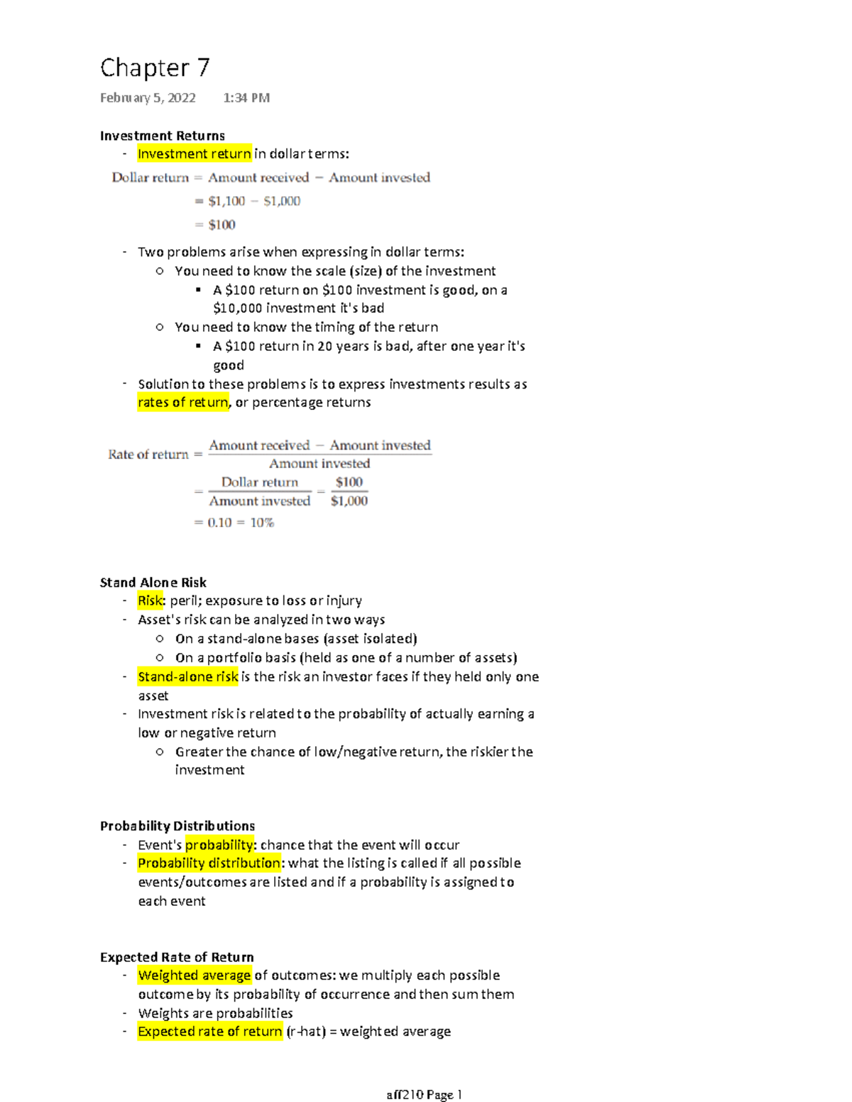Chapter 7 - Financial Management: Theory and Practice - Investment Returns - Investment return ...