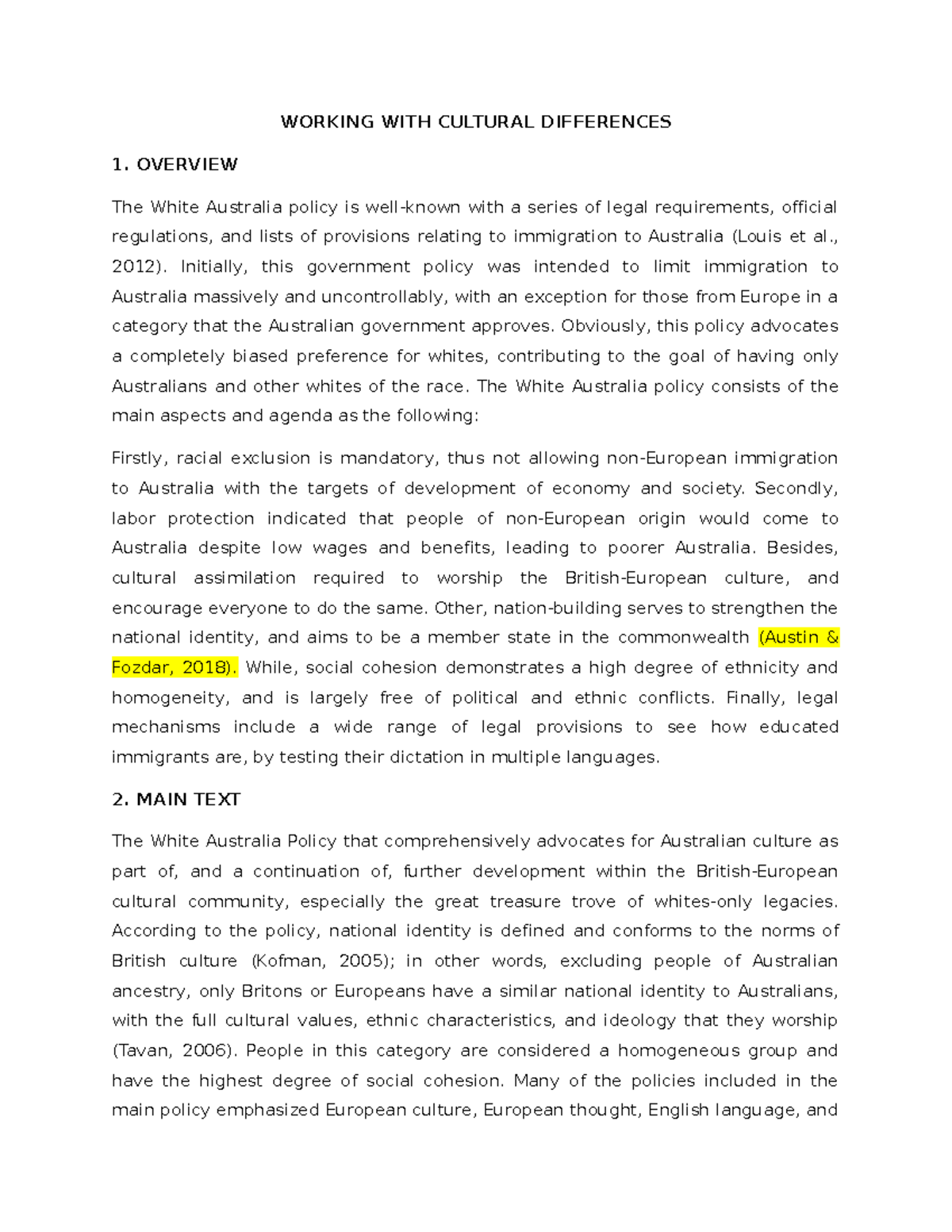 WORKING WITH CULTURAL DIFFERENCES - OVERVIEW The White Australia policy ...