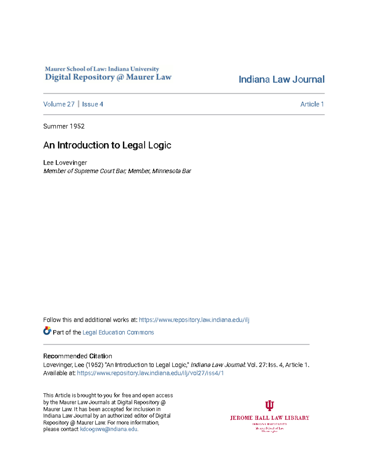 An Introduction to Legal Logic 1 - Indiana Law JournalIndiana Law ...