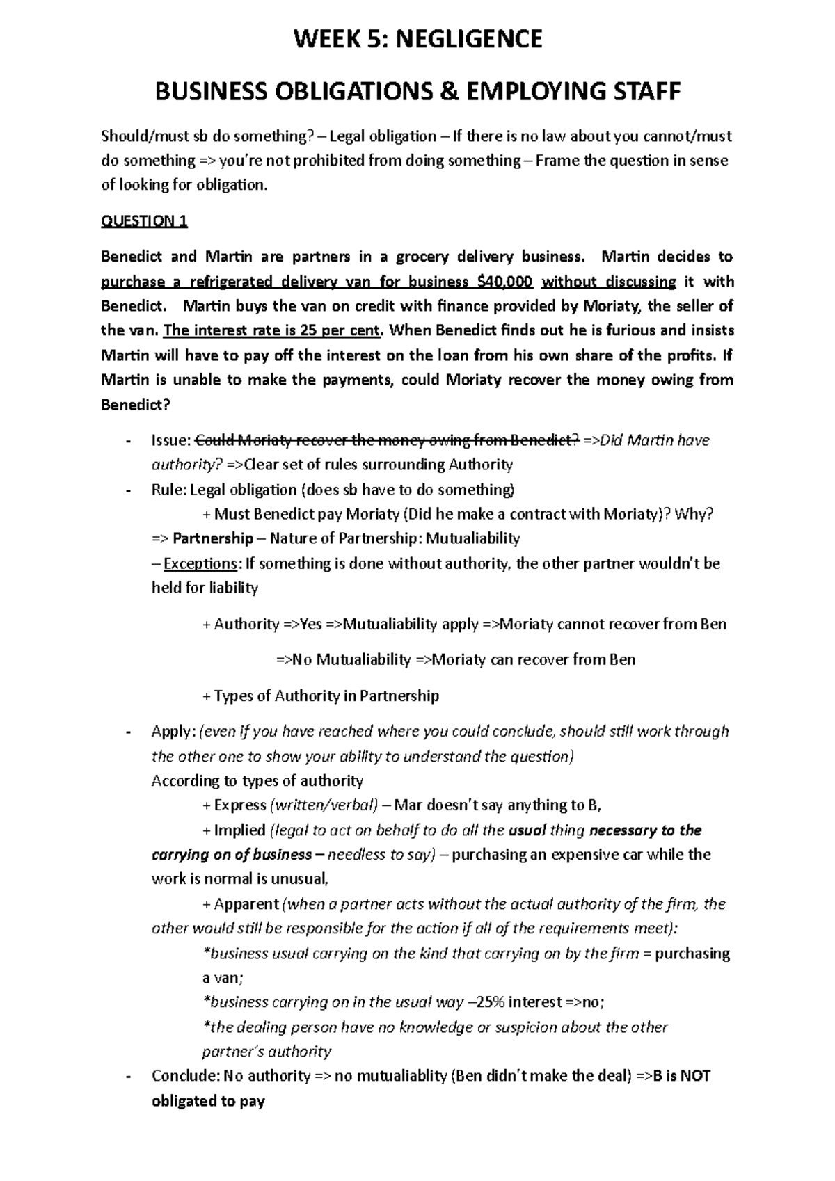 Week 5 Tutorial - NEGLIGENCE. BUSINESS OBLIGATIONS & EMPLOYING STAFF ...