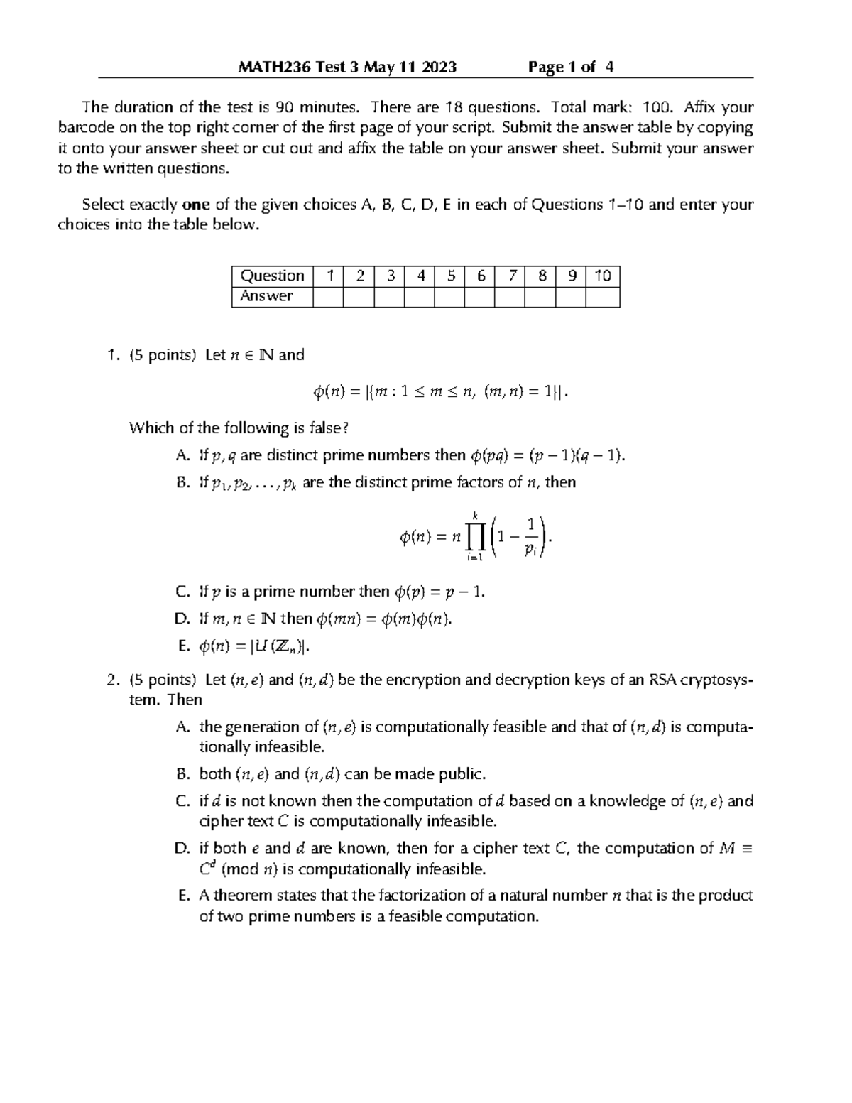 2023-3 - Previous test on division algorithm and cryptography - The ...