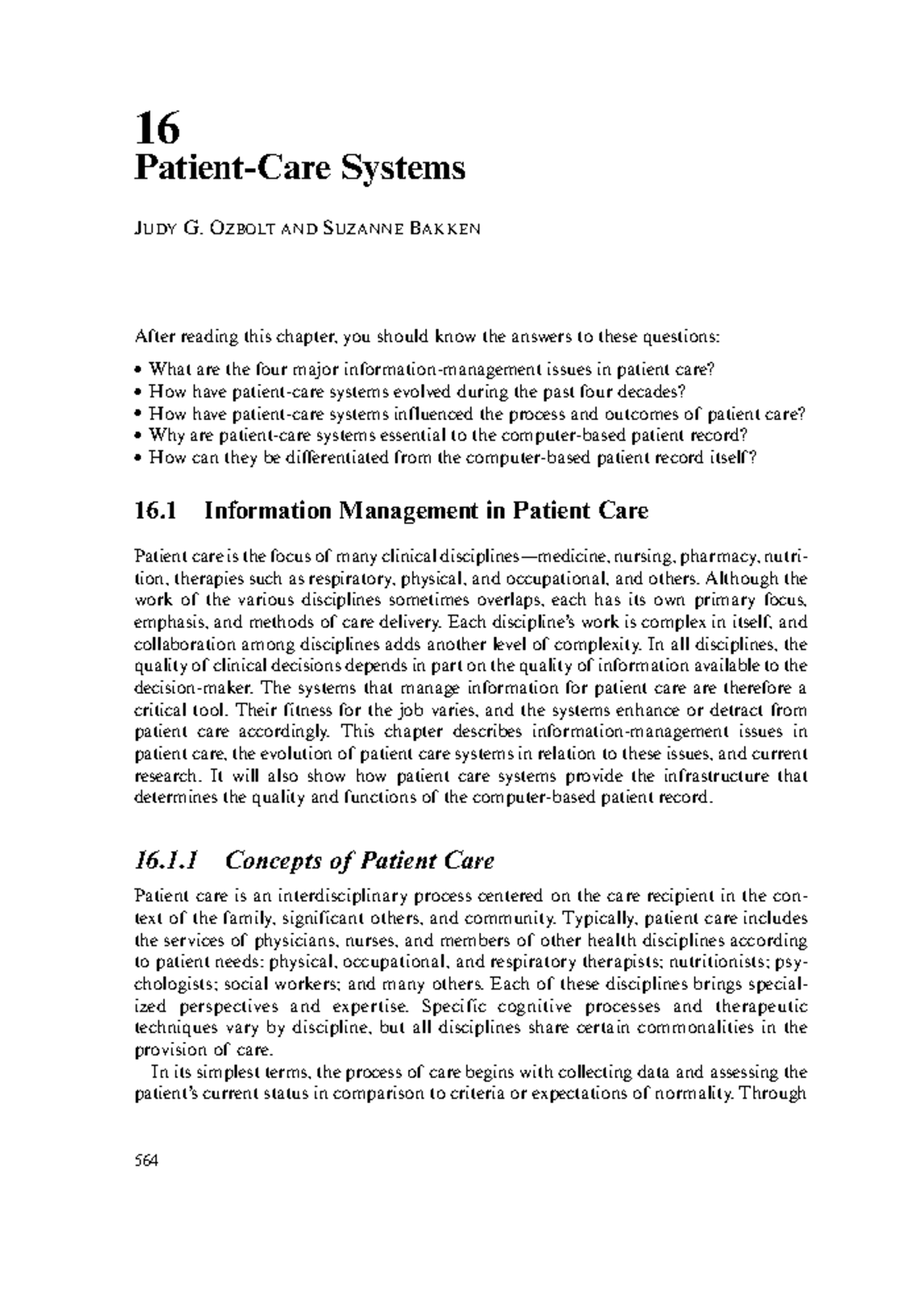 Patient care pdf - n/a - 16 Patient-Care Systems JUDY G. OZBOLT AND ...