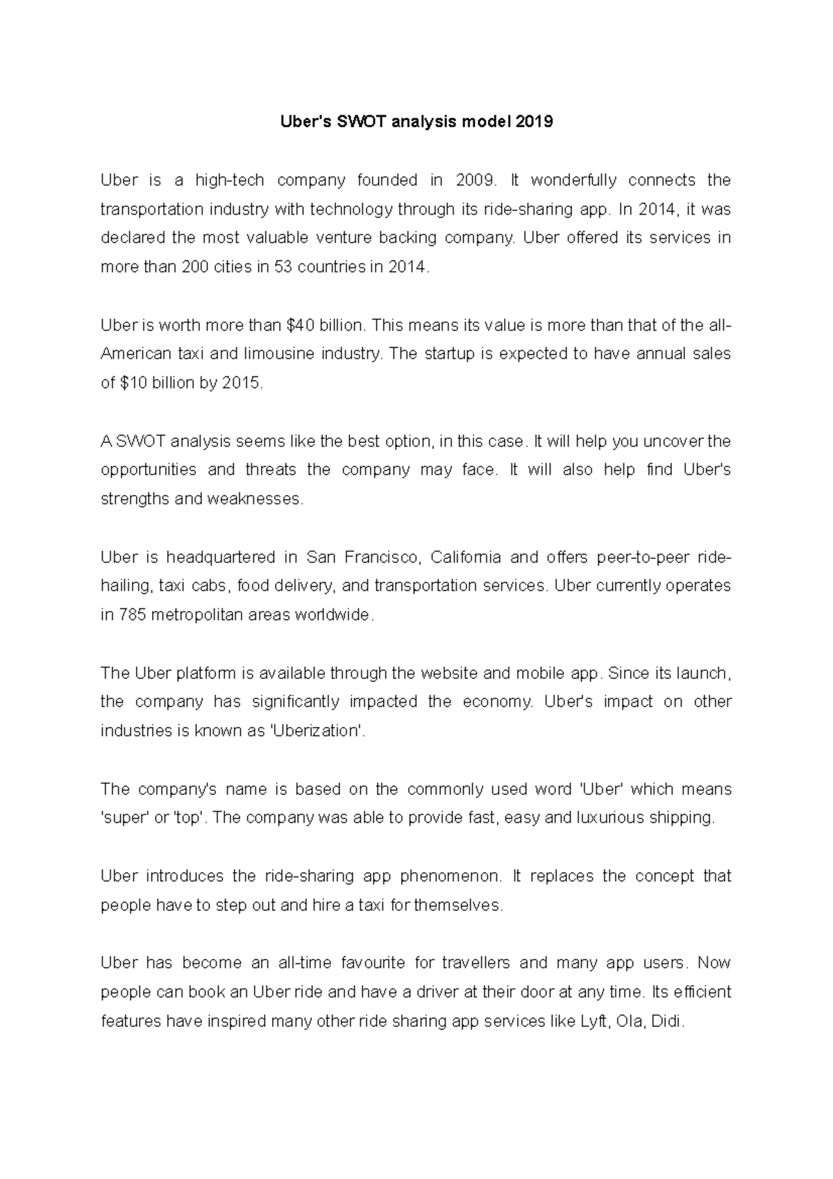 Uber's SWOT analysis model 2019 - It wonderfully connects the ...