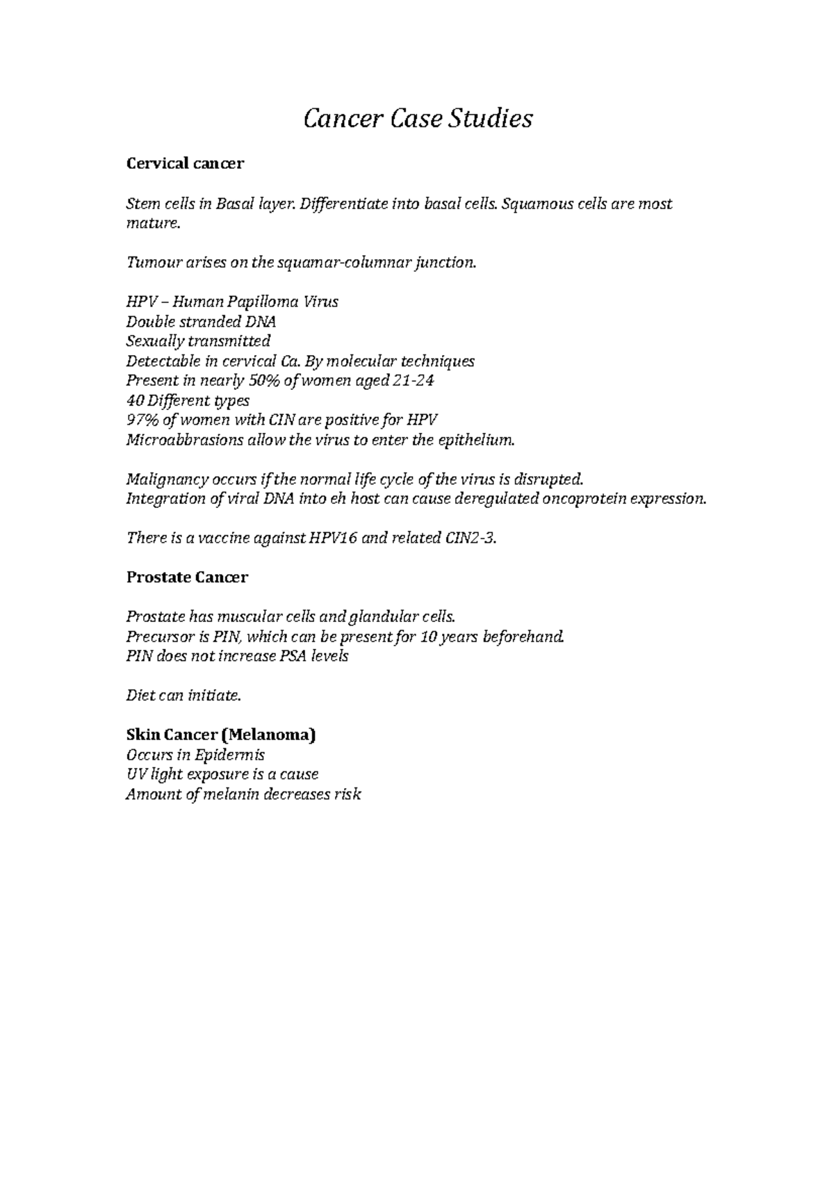 Cancer Case Studies - Lecture notes Semester 1 of 2nd year - Cancer ...