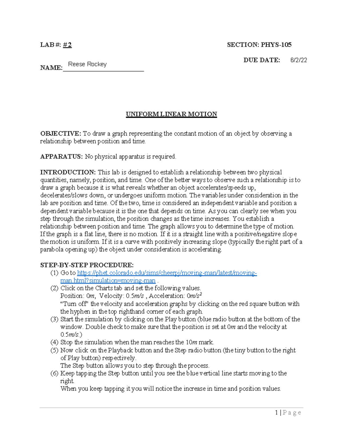 Lab 2 Uniform Linear Motion - LAB #: # 2 SECTION: PHYS- DUE DATE: NAME ...