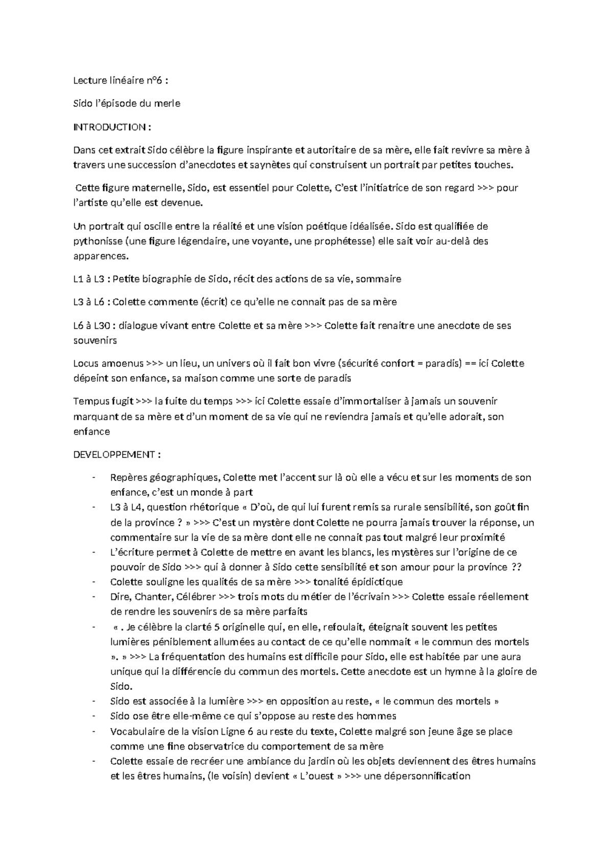 Lecture linéaire n°6 - Lecture linéaire n°6 : Sido l’épisode du merle ...