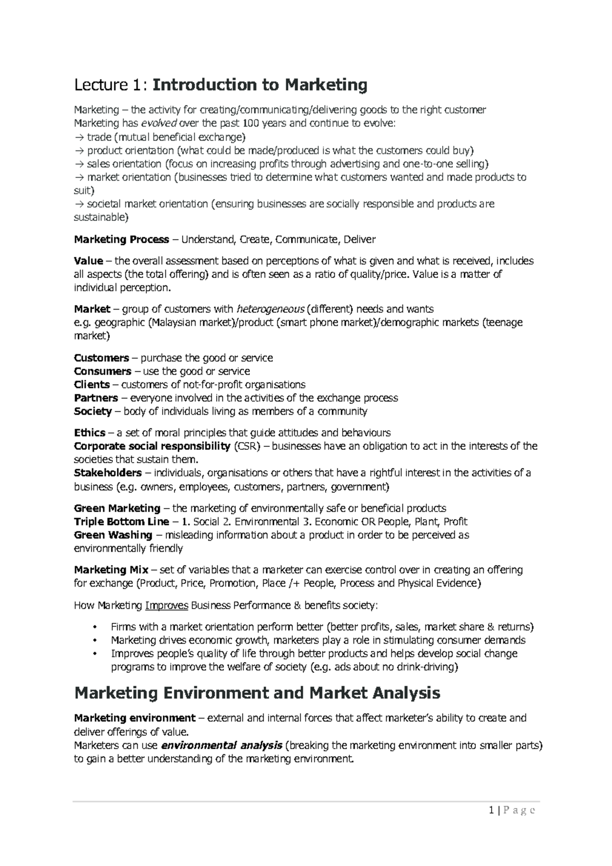 Summary - Lecture 1: Introduction to Marketing Marketing – the activity ...