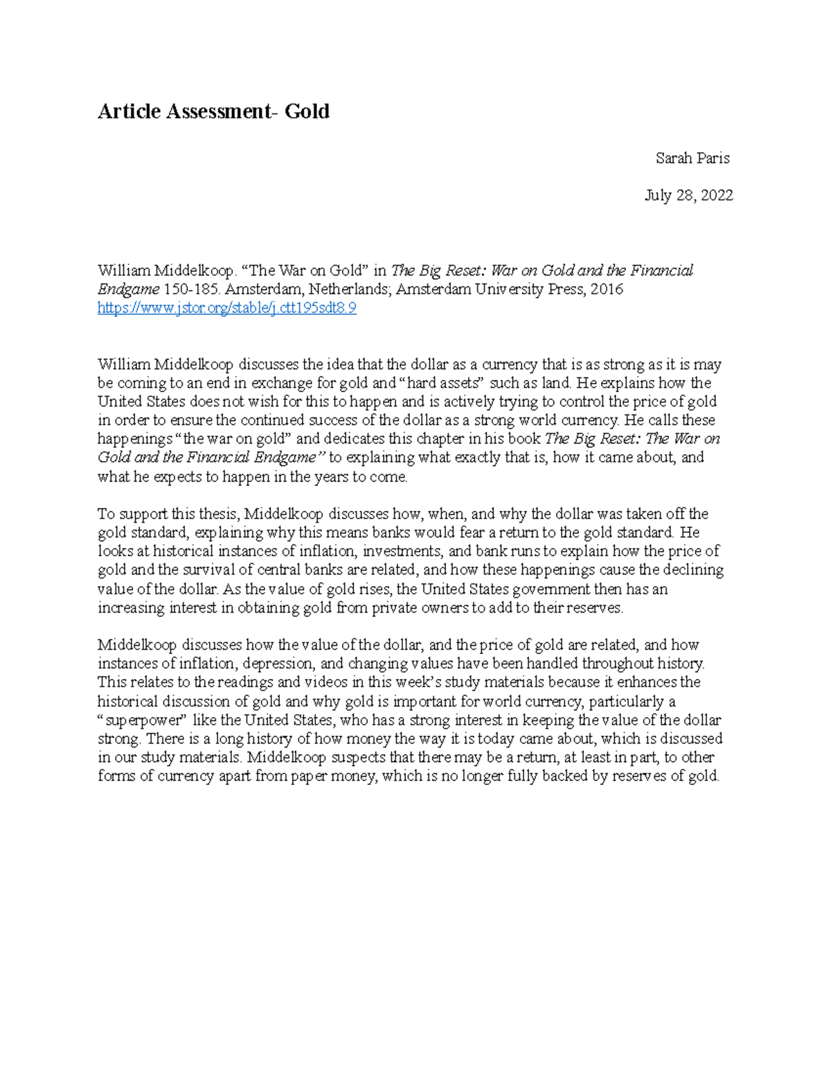 Article Assessment-Module 5 - Article Assessment- Gold Sarah Paris July 28, 2022 William ...