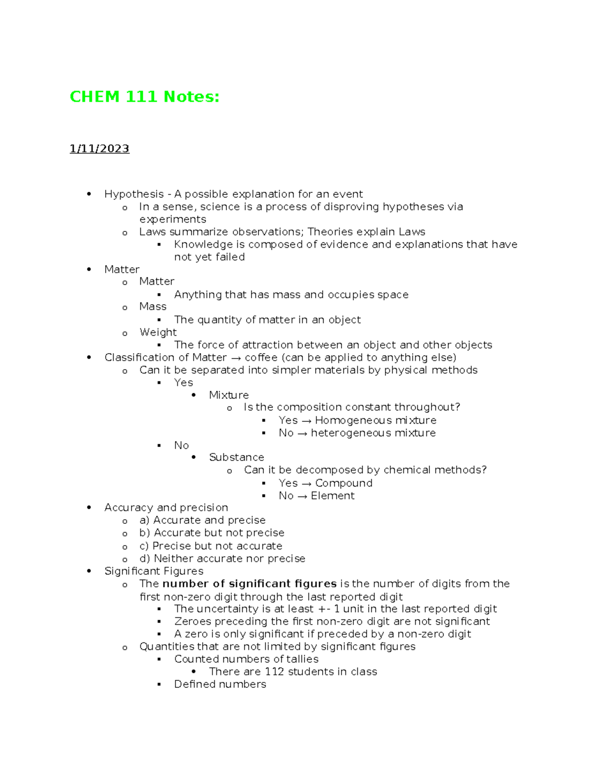 Chemistry Notes - CHEM 111 Notes: 1/11/ Hypothesis - A possible ...