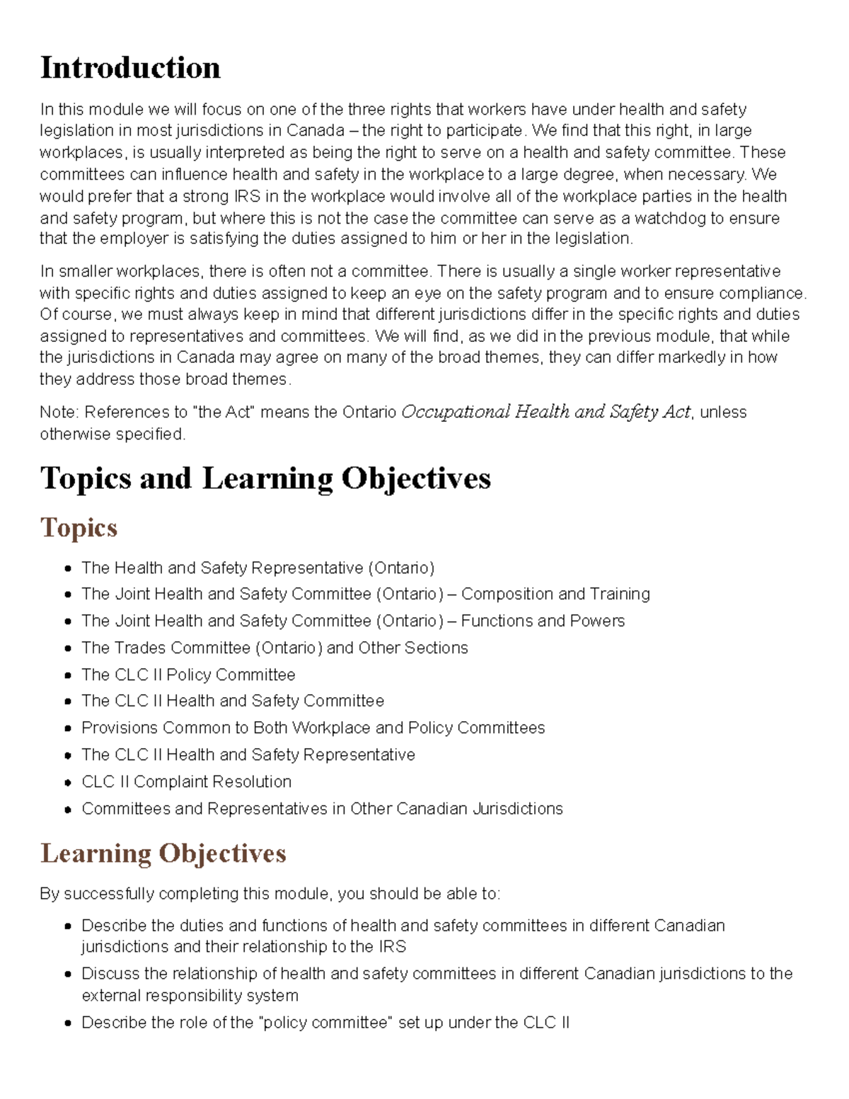 COHS208, Module 7 - The Health and Safety Representative (Ontario ...