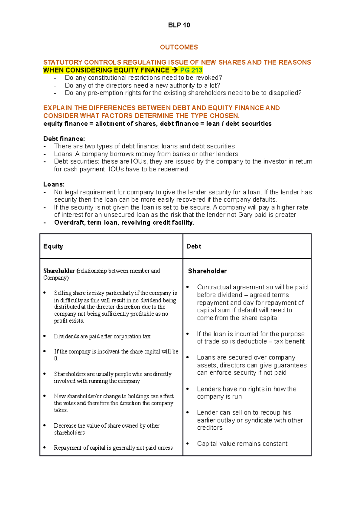 BLP WORKSHOP 10 - OUTCOMES STATUTORY CONTROLS REGULATING ISSUE OF NEW ...