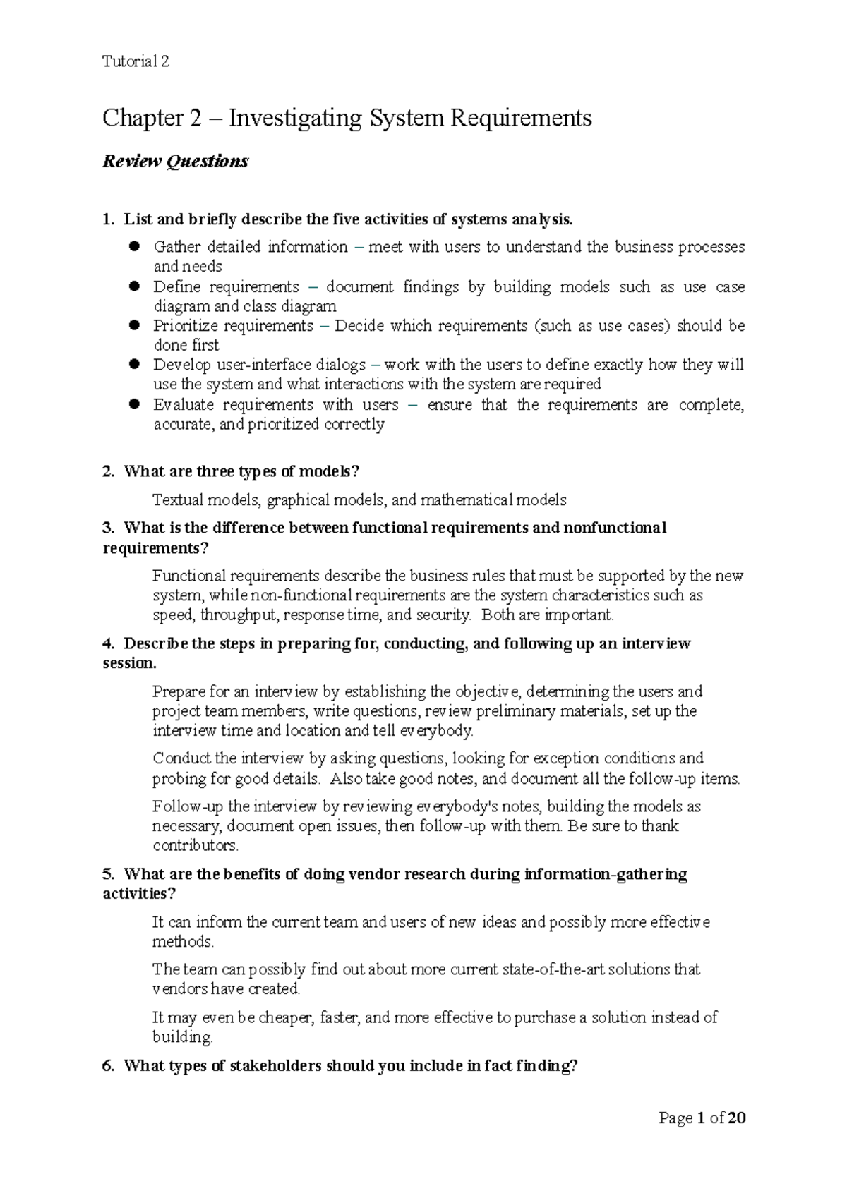 Tutorial 2 Solutions - Chapter 2 – Investigating System Requirements ...