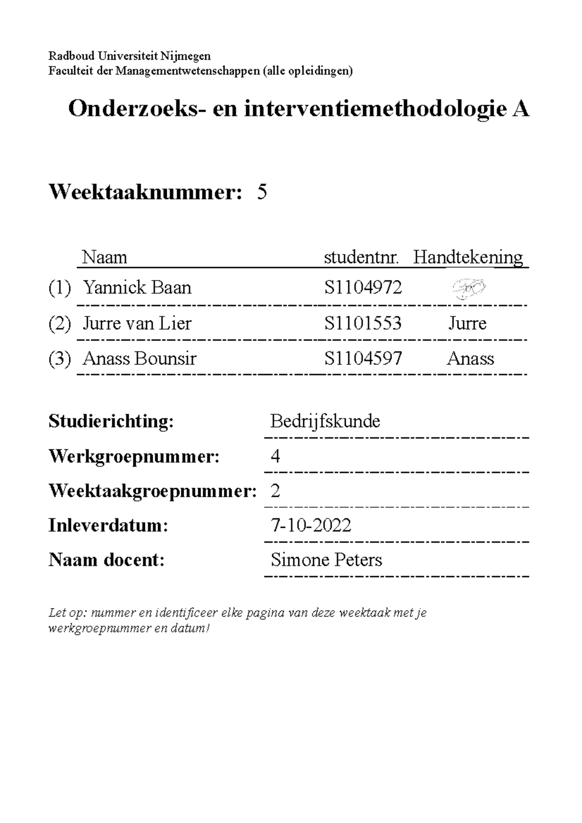 Weektaak 5 - opdracht 5 - Radboud Universiteit Nijmegen Faculteit der ...