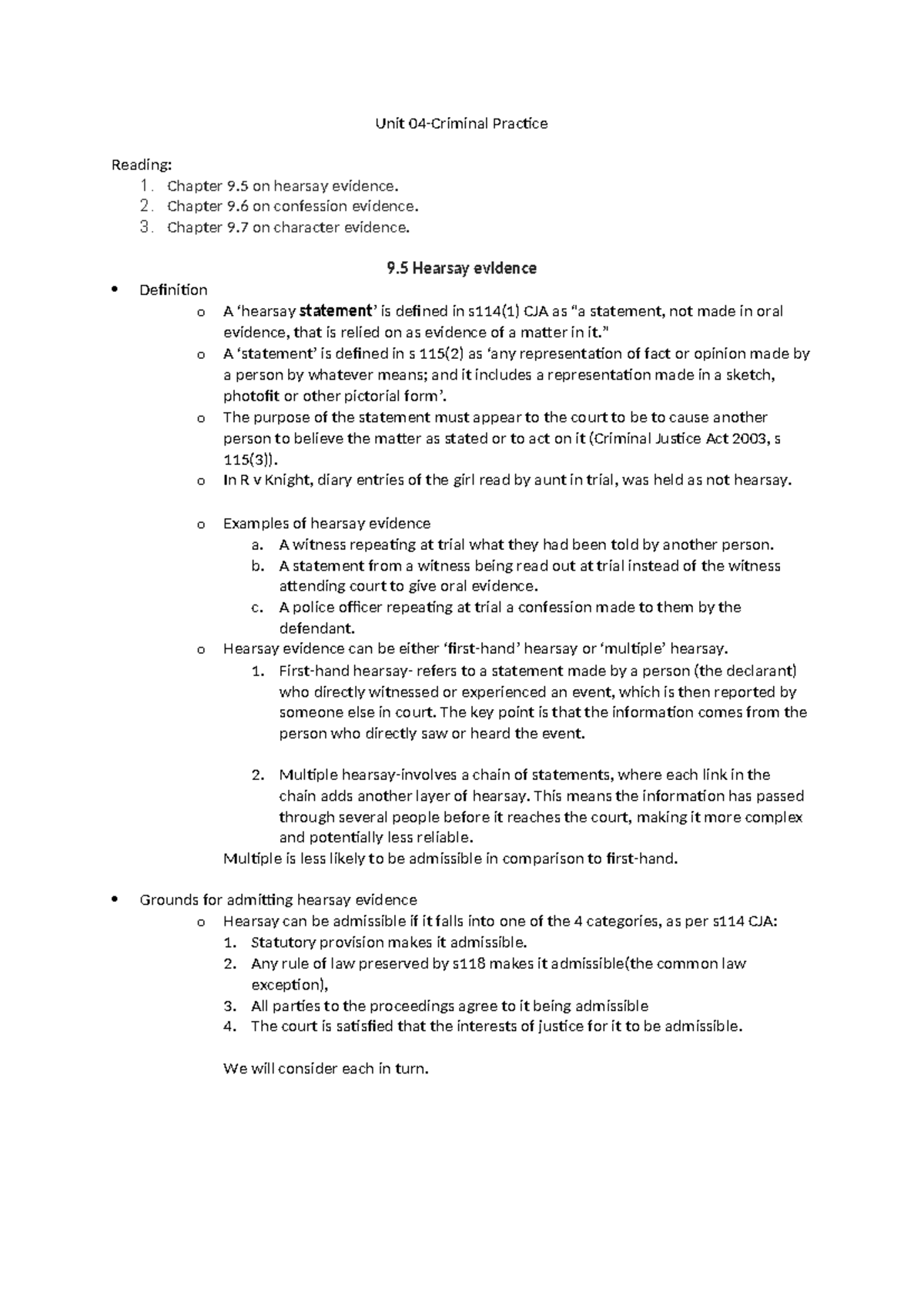 Unit 04 - Hearsay notes - Unit 04-Criminal Practice Reading: Chapter 9 ...