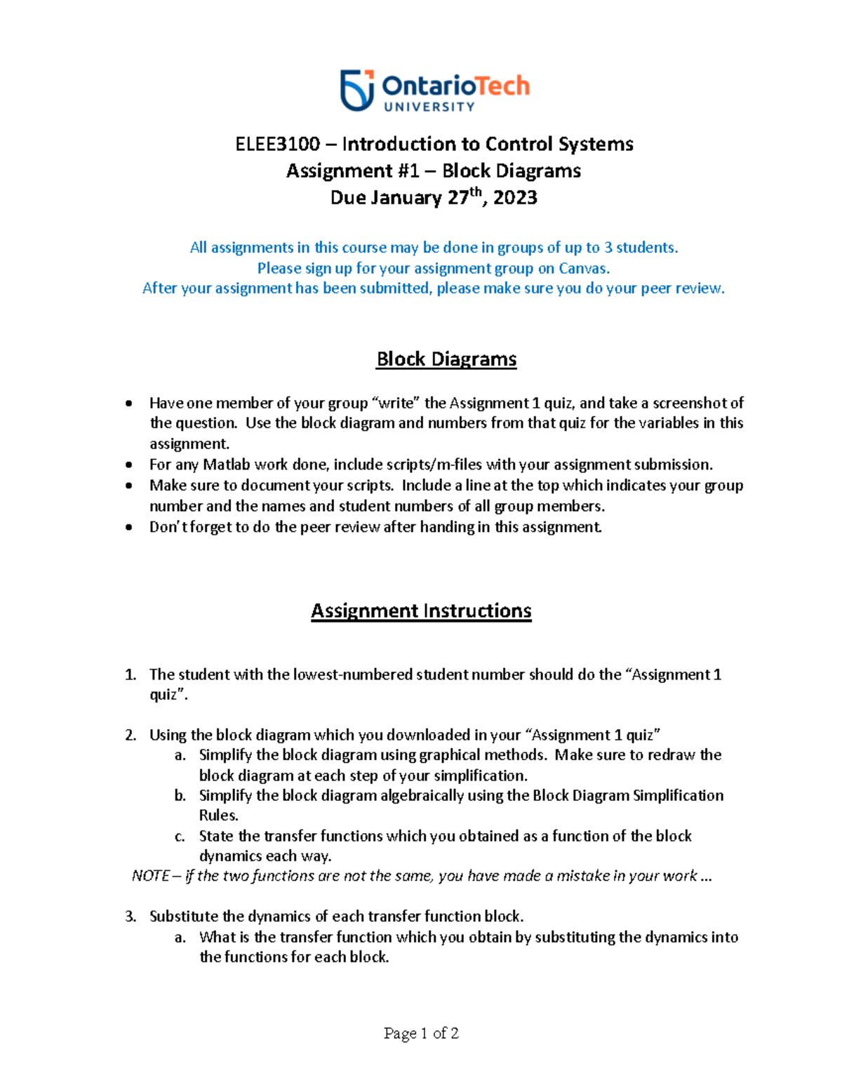 2023-01-27 - Assignment 1 - Block Diagrams - ELEE3100 – Introduction to ...