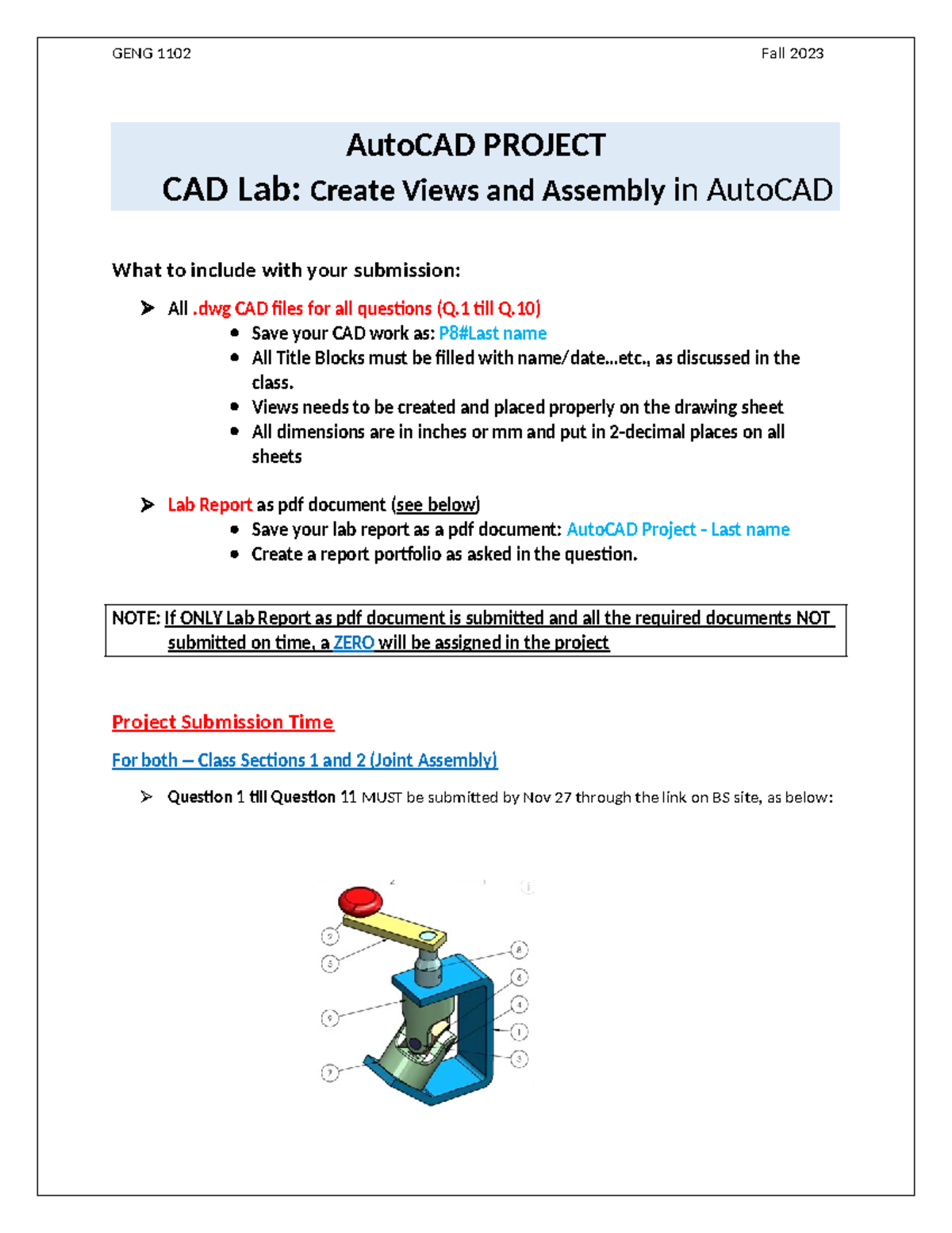 Auto CAD Project instructions and lab report - GENG 1102 Fall 2023 ...
