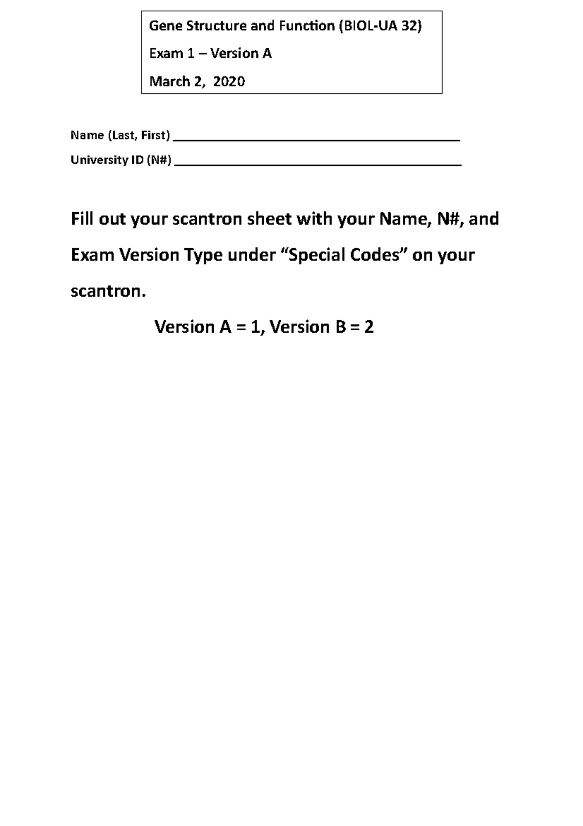 Exam Answer Key Version A - Name (Last, First