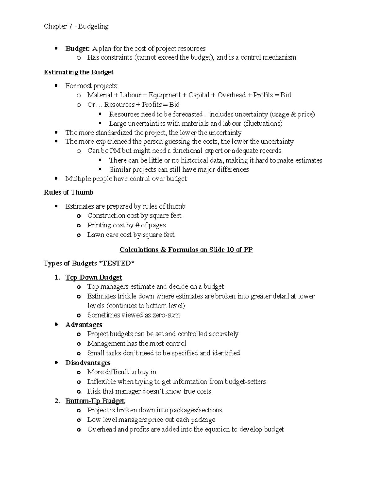 Chapter 7 - Budgeting in Projects - Chapter 7 - Budgeting Budget: A ...