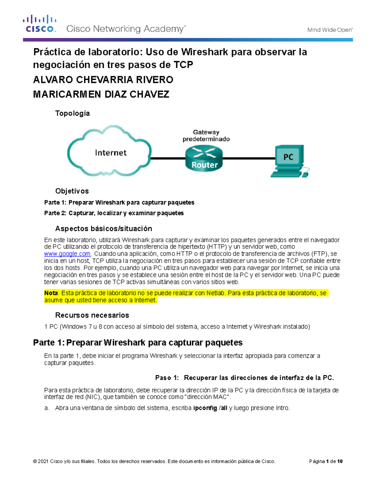 9216 Lab Using Wireshark To Observe The Tcp 3 Way Handshake Práctica De Laboratorio Uso