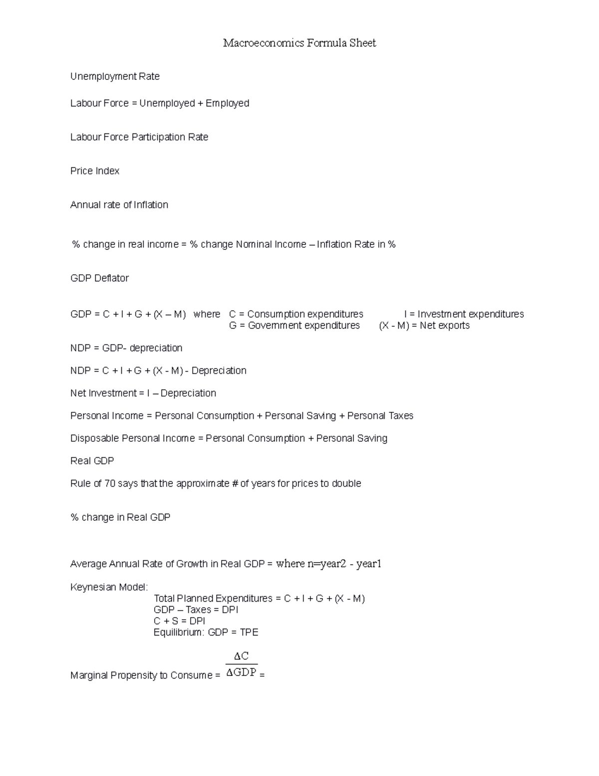 Formula Sheet May12 - Macroeconomics Formula Sheet Unemployment Rate ...