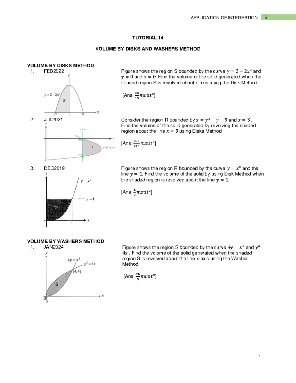 Tutorial 14 Volume BY Disks AND Washers Method - 1 APPLICATION OF INTEGRATION 5 TUTORIAL 1 4 ...