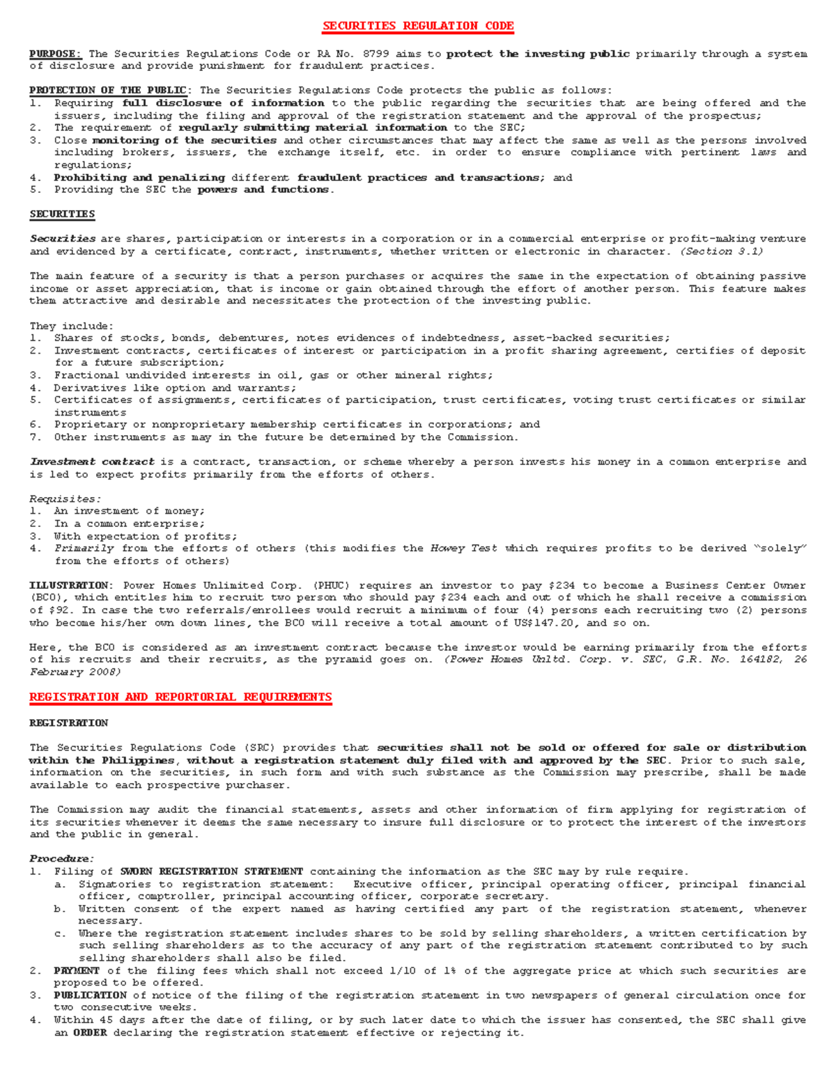 8 - Lecture notes 1 - SECURITIES REGULATION CODE PURPOSE: The ...