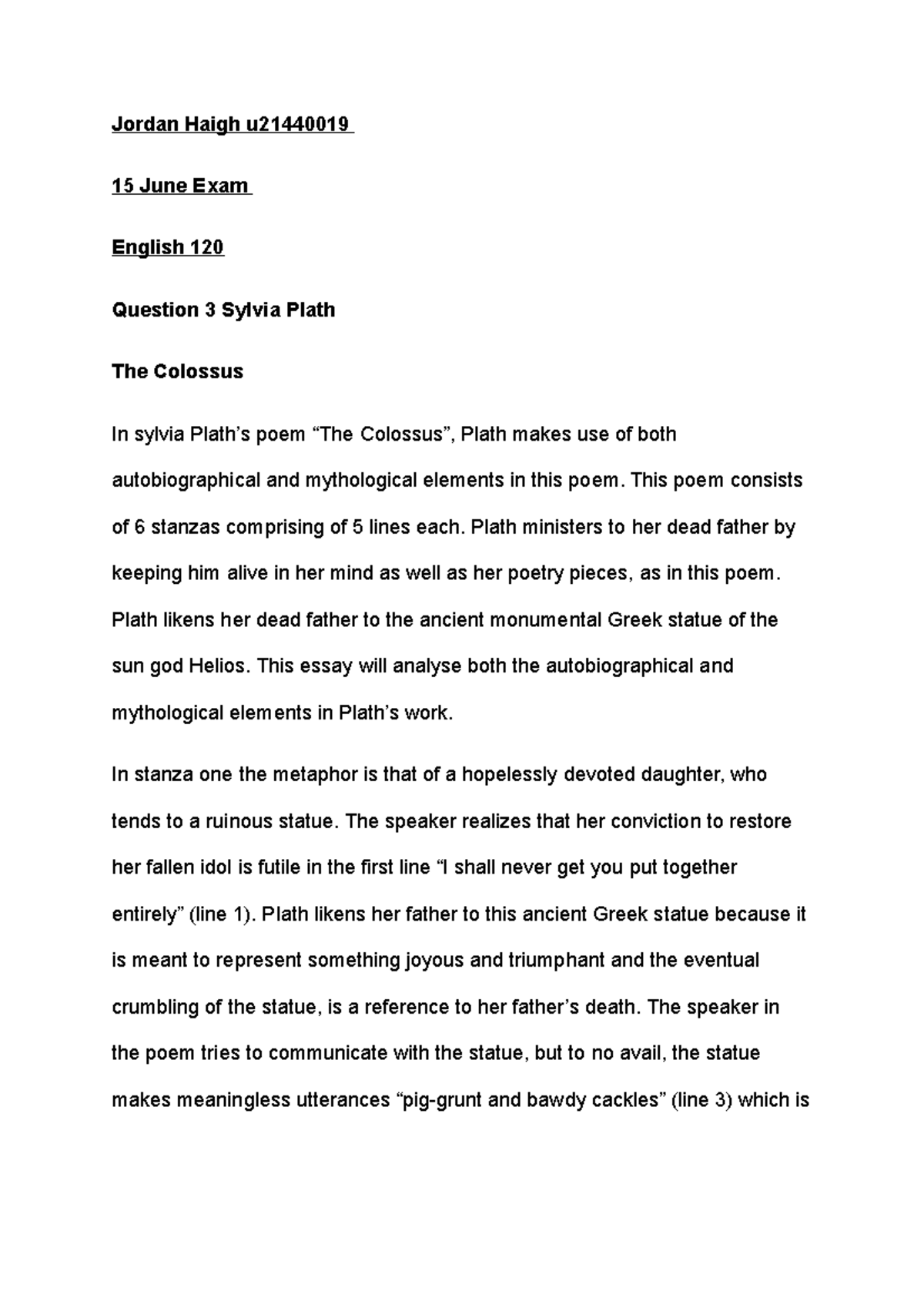 2022 Plath EXAM - Jordan Haigh u 15 June Exam English 120 Question 3 ...
