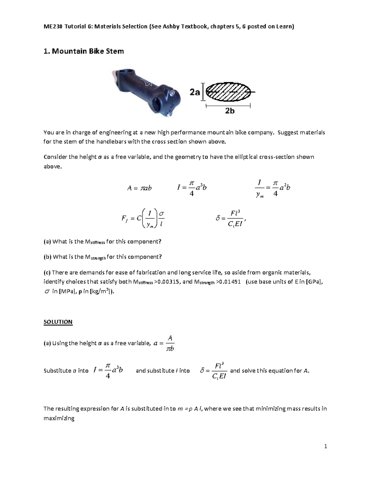 ME230 Tutorial 6 - Materials Selection - Solutions - ME230 Tutorial 6 ...