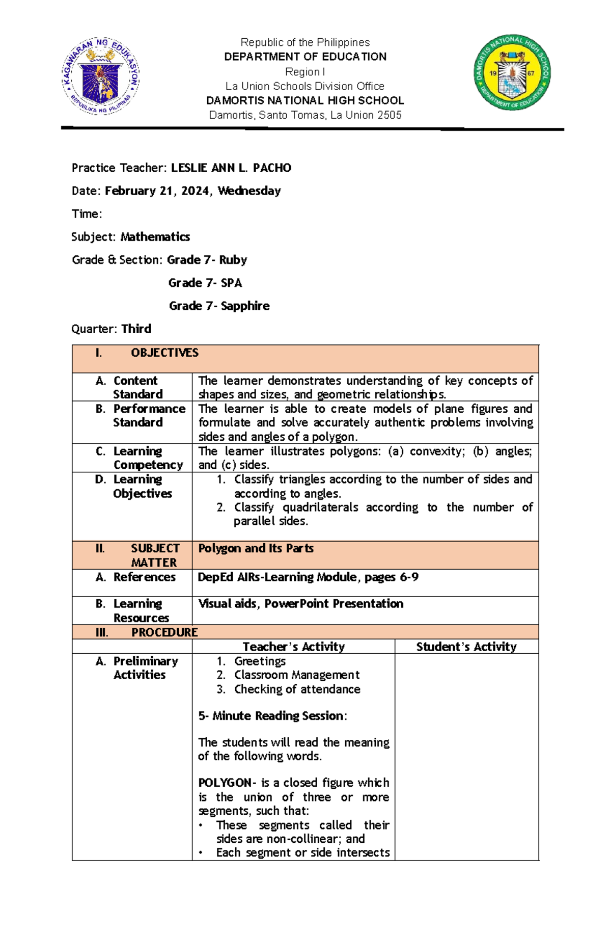 LEsson plan for Polygon and Its Parts - DEPARTMENT OF EDUCATION Region ...