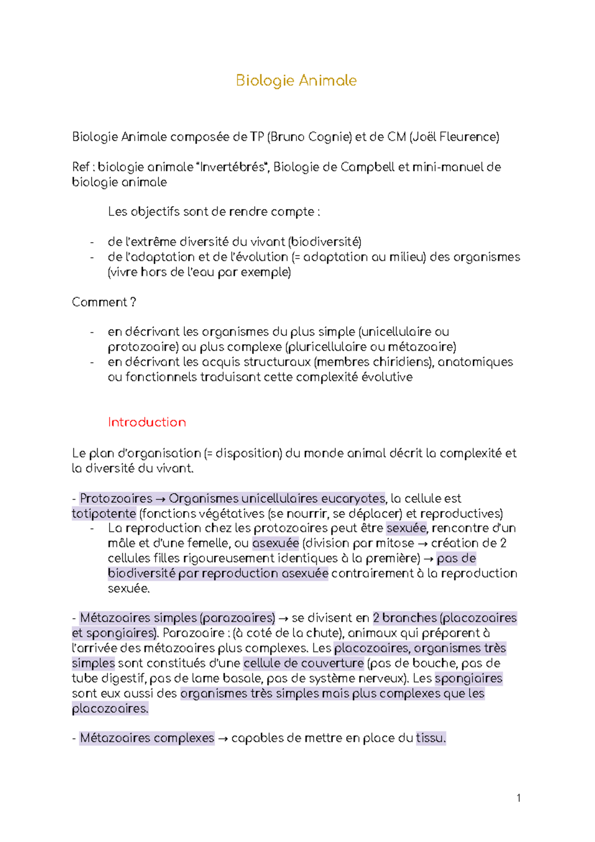 Biologie animale cours - Biologie Animale Biologie Animale composée de TP (Bruno Cognie) et de ...