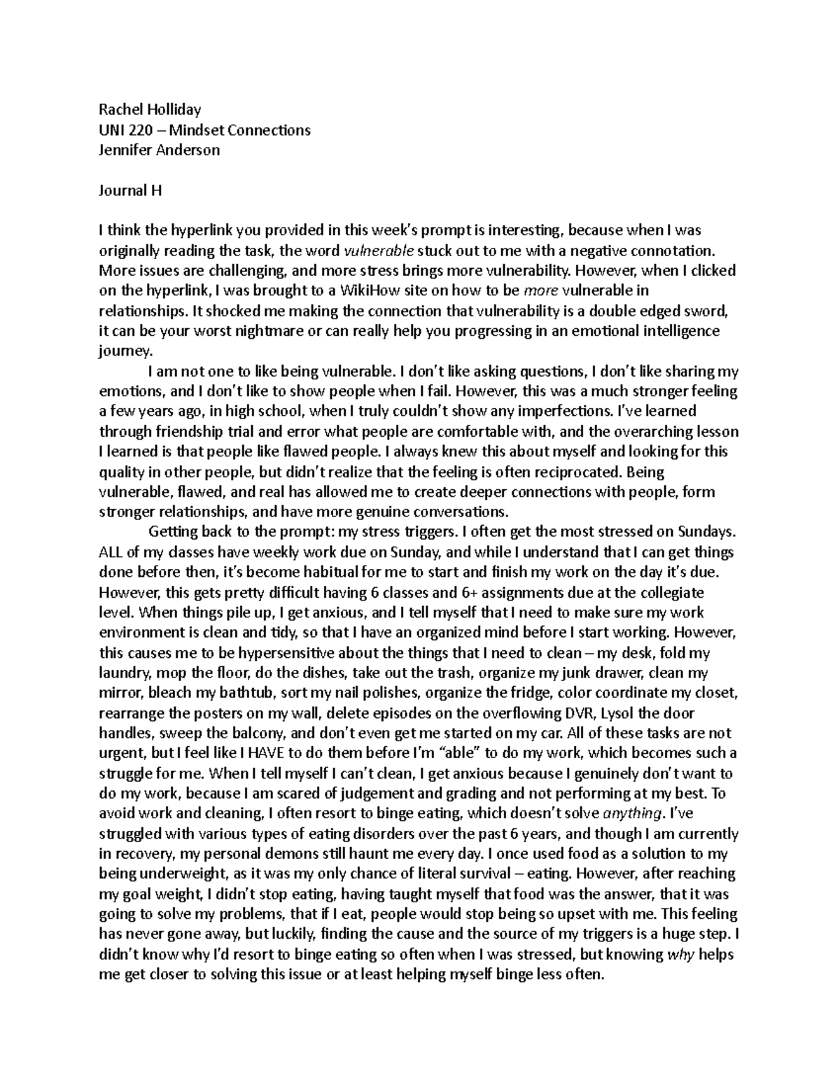 Journal H For UNI 220, A journal analysis - Rachel Holliday UNI 220 ...