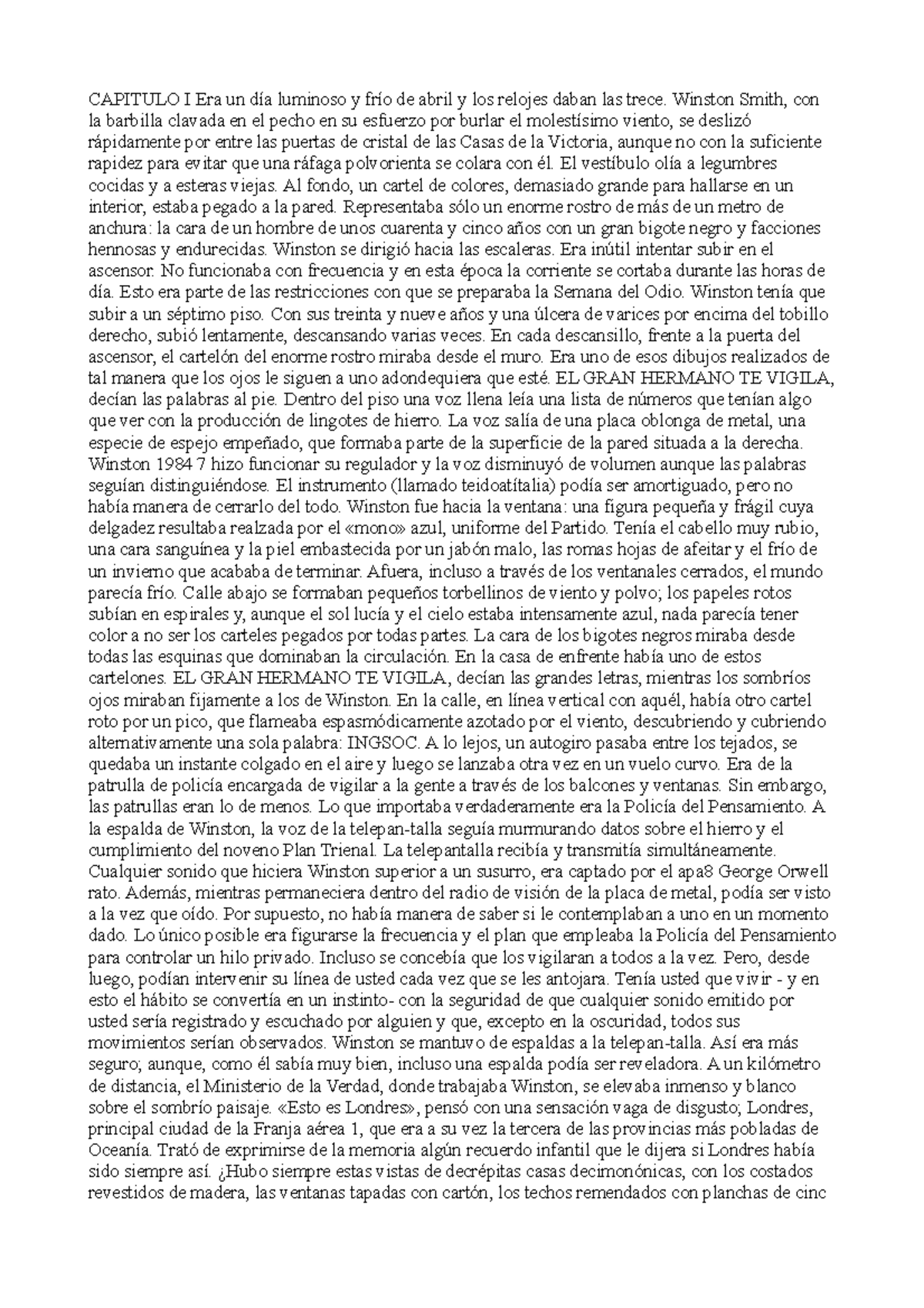 1984 noveladsafsads - CAPITULO I Era un día luminoso y frío de abril y ...