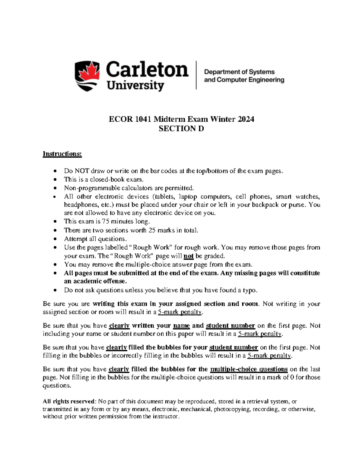 ECOR1041 Midterm W24 D SOL Grad - ECOR 1041 Midterm Exam Winter 2024 SECTION D Instructions ...