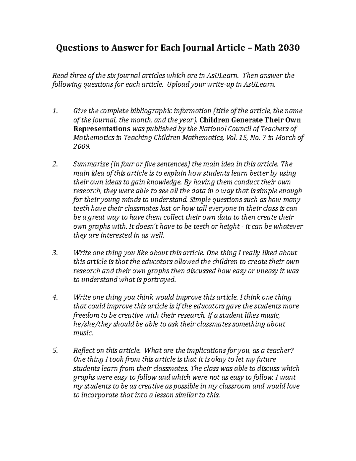 Article Questions – Math 2030 - Questions to Answer for Each Journal ...