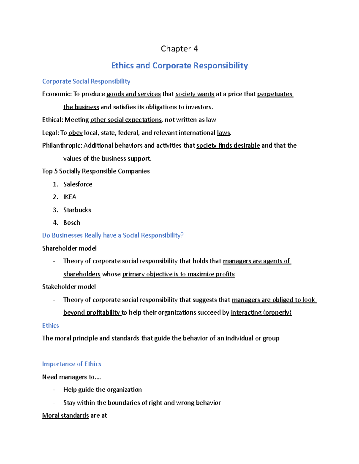 BUSI 310 - Chapter 4 - Lecture notes 2 - Chapter 4 Ethics and Corporate ...