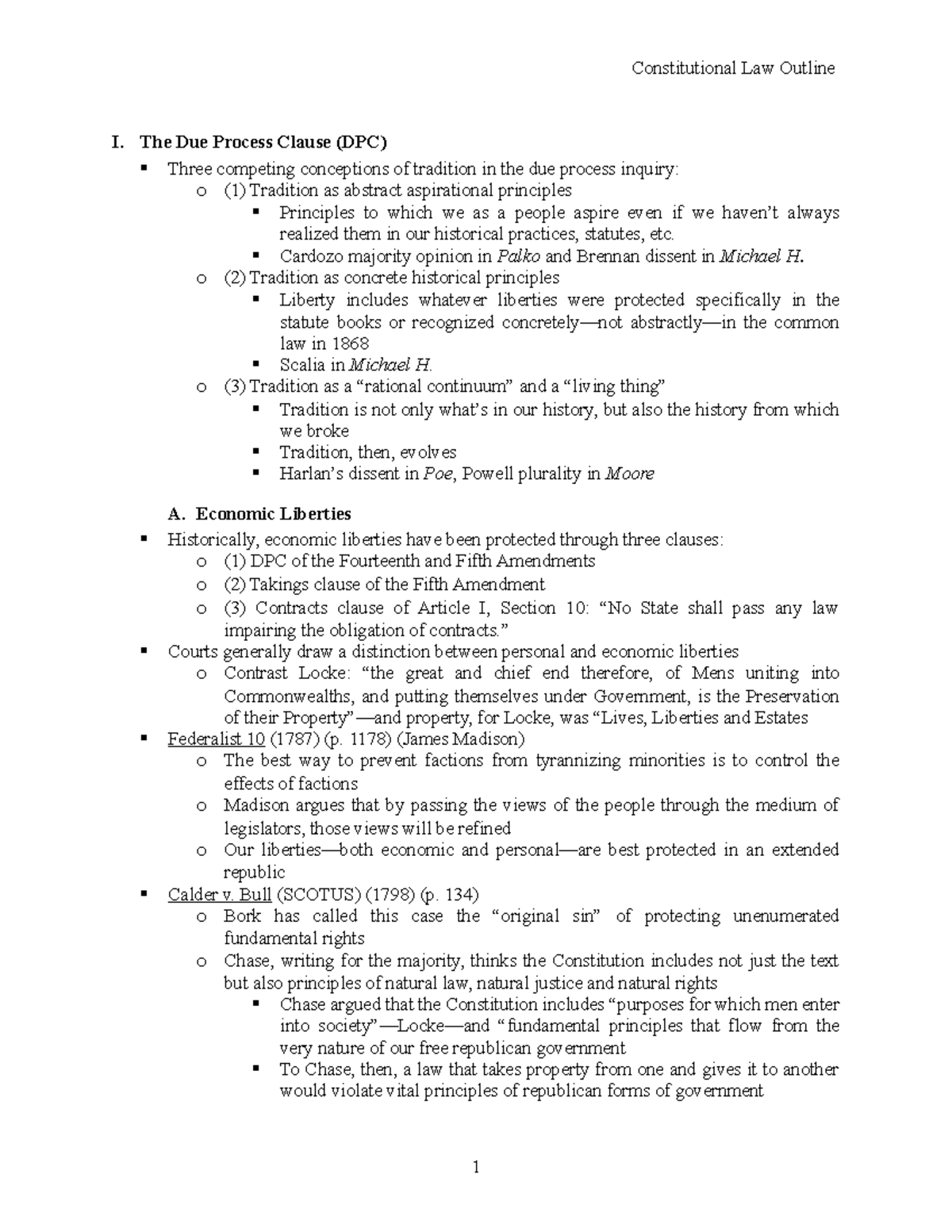 Constitutional Law Outline - 1 - I. The Due Process Clause (DPC) Three ...