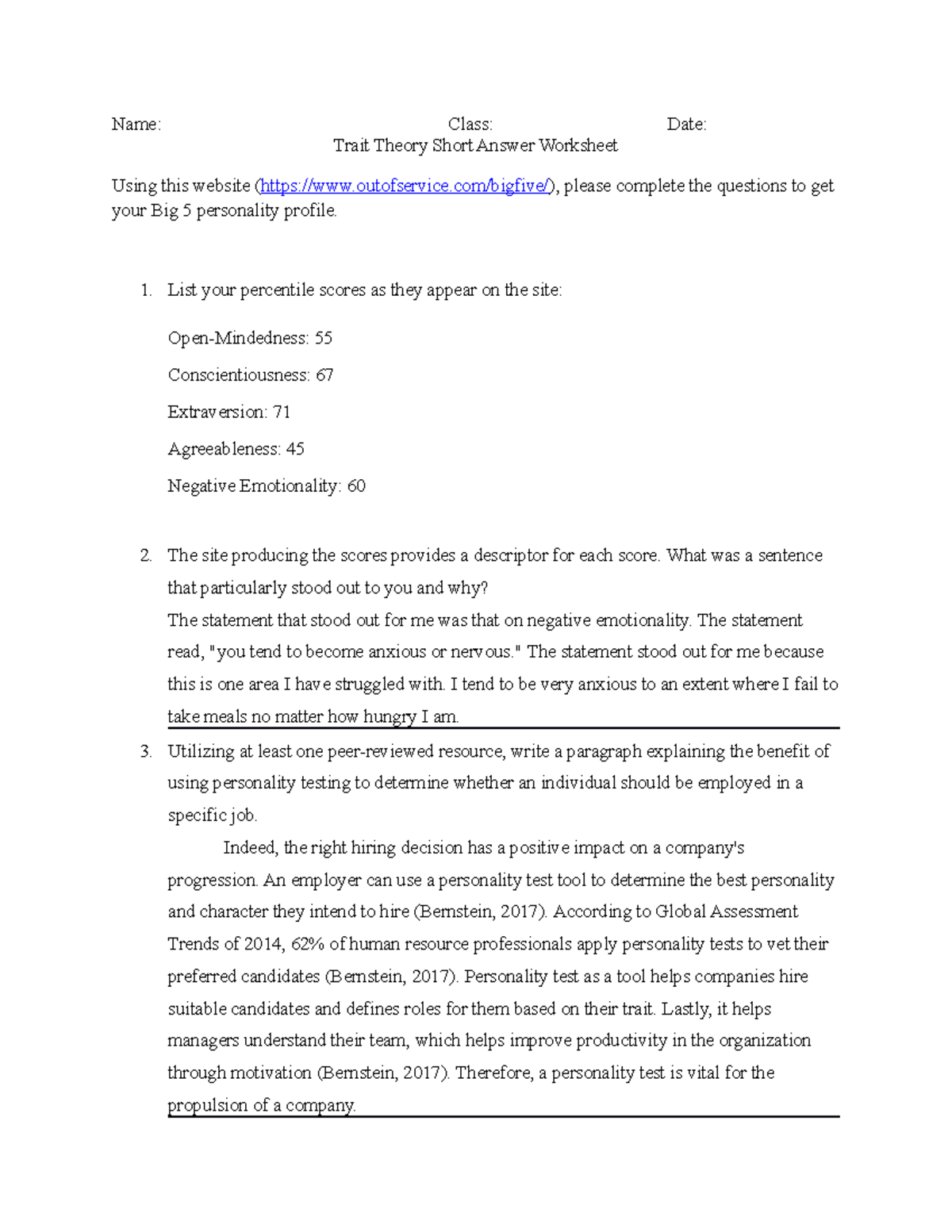 Trait Theory Worksheet Name Class Date Trait Theory Short Answer