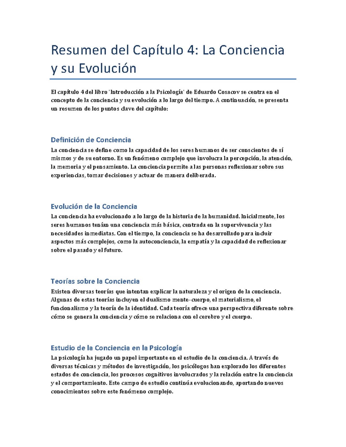 Resumen Capitulo 4 Conciencia y Evolucion - Resumen del Capítulo 4: La ...