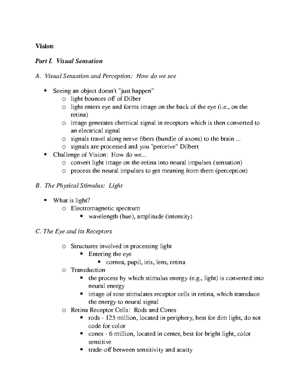 Vision - Lecture notes 9 - Vision Part I. Visual Sensation - Studocu