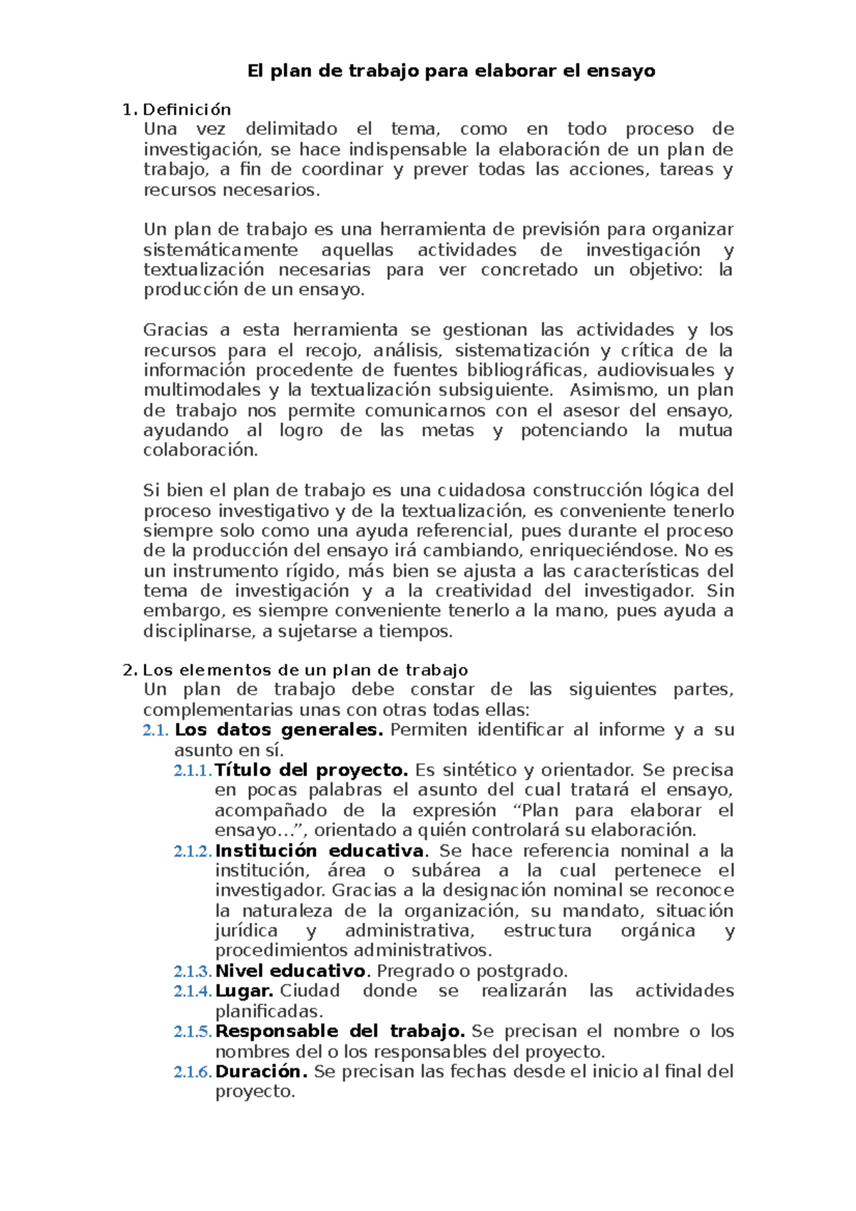 El plan para elaborar el ensayo - El plan de trabajo para elaborar el ...