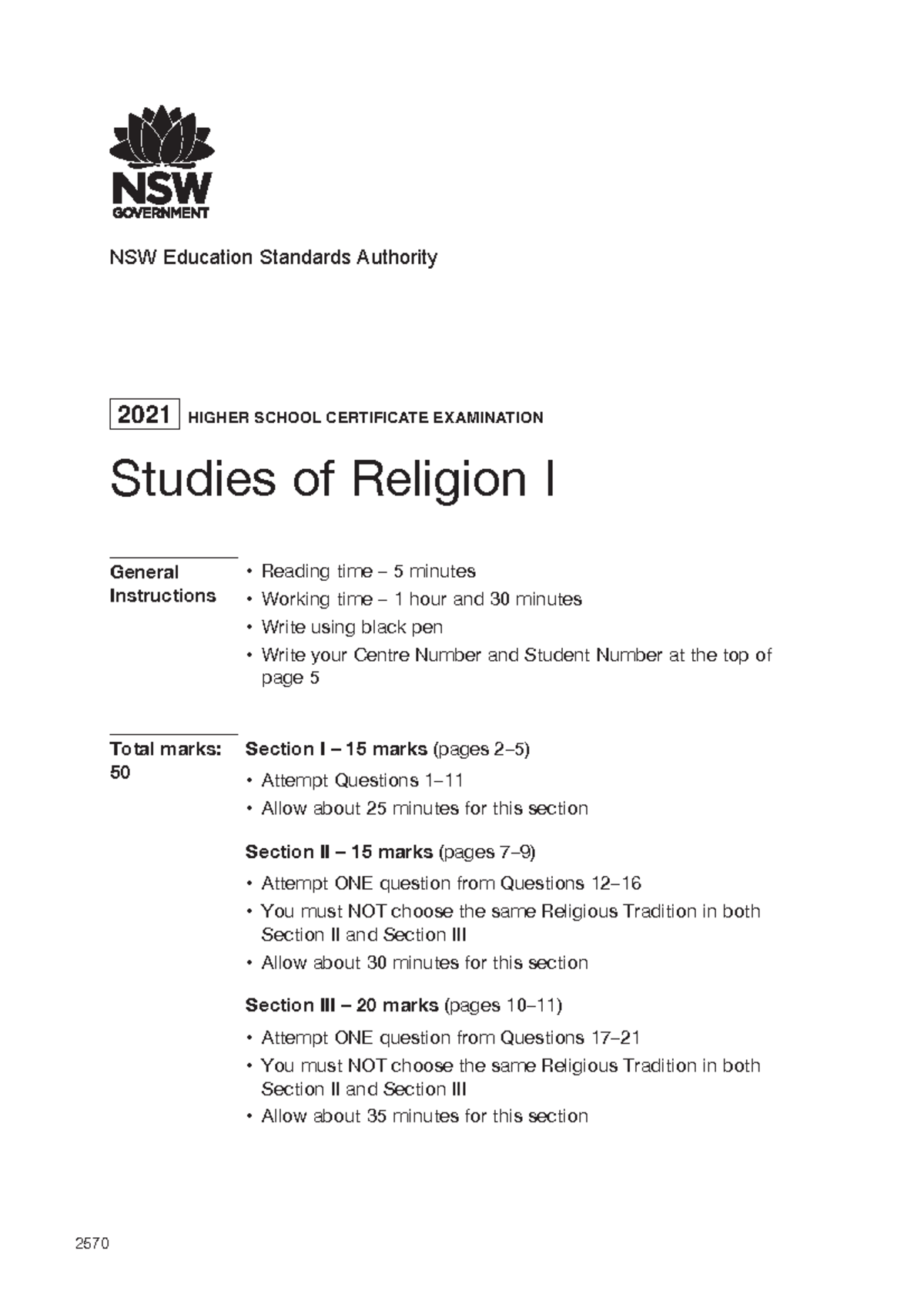 2021 HSC Studies of Religion 1 - NSW Education Standards Authority 2021 ...