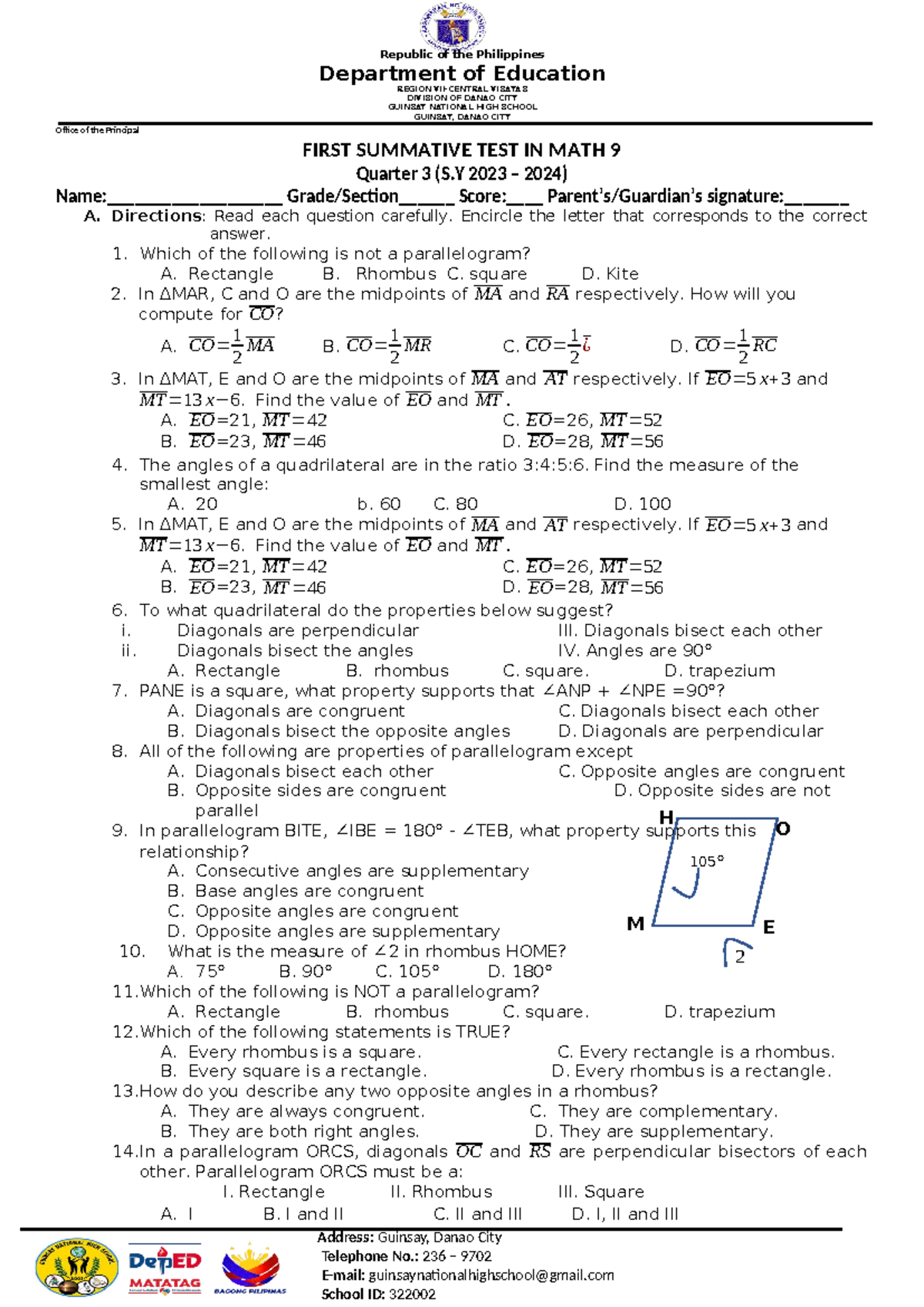 1stsummativeq 3 - Summary BSEd-Mathematics - 105 ° Republic of the Philippines Department of ...