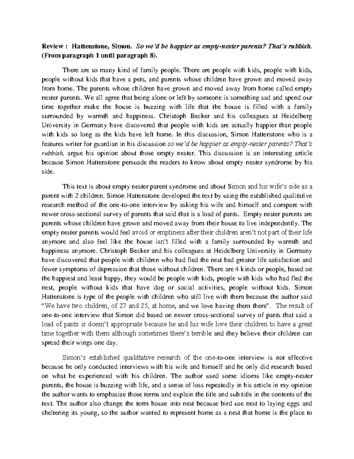 Review Text Critical Reading Empty-Nester - Review : Hattenstone, Simon ...