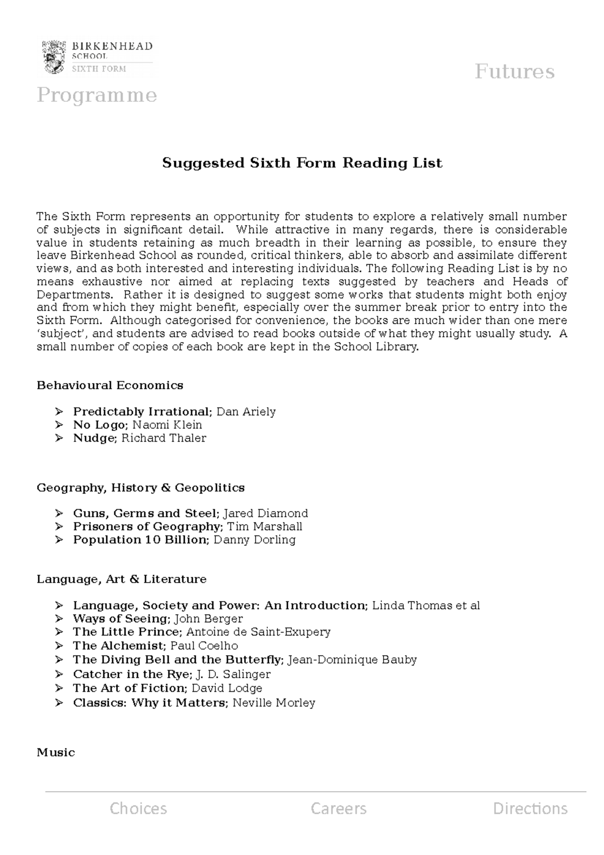 Sixth form reading list - Futures Programme Suggested Sixth Form ...